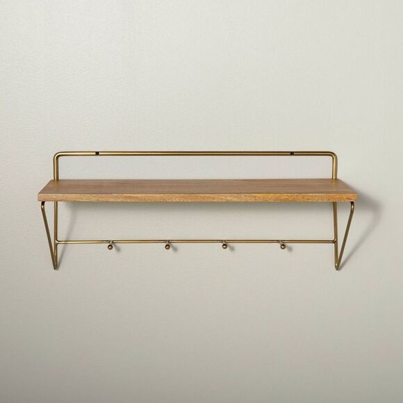 Hearth & Hand | Wall Decor | 24 Wood Brass Wall Shelf With Hooks Hearth ...